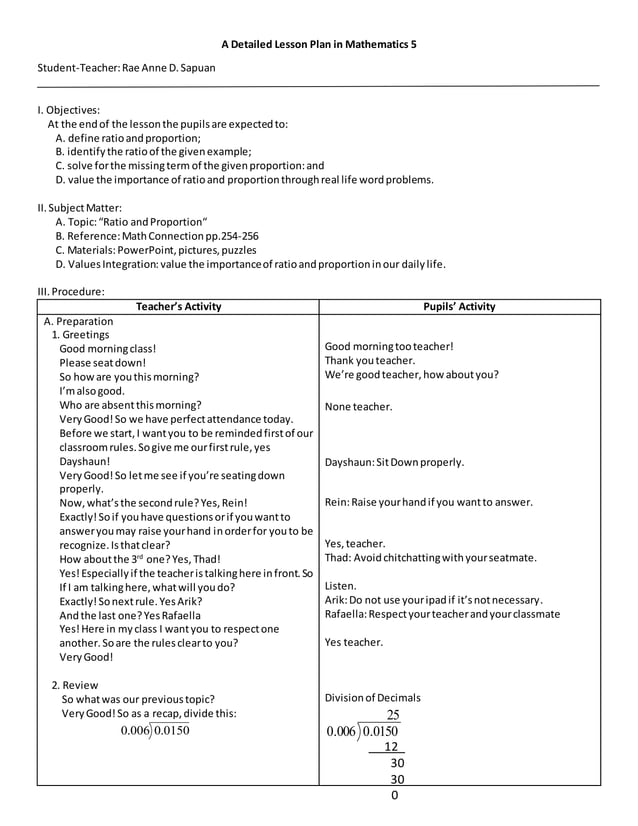 Ratio and Proportion Lesson Plan for Grade 5 | DOCX
