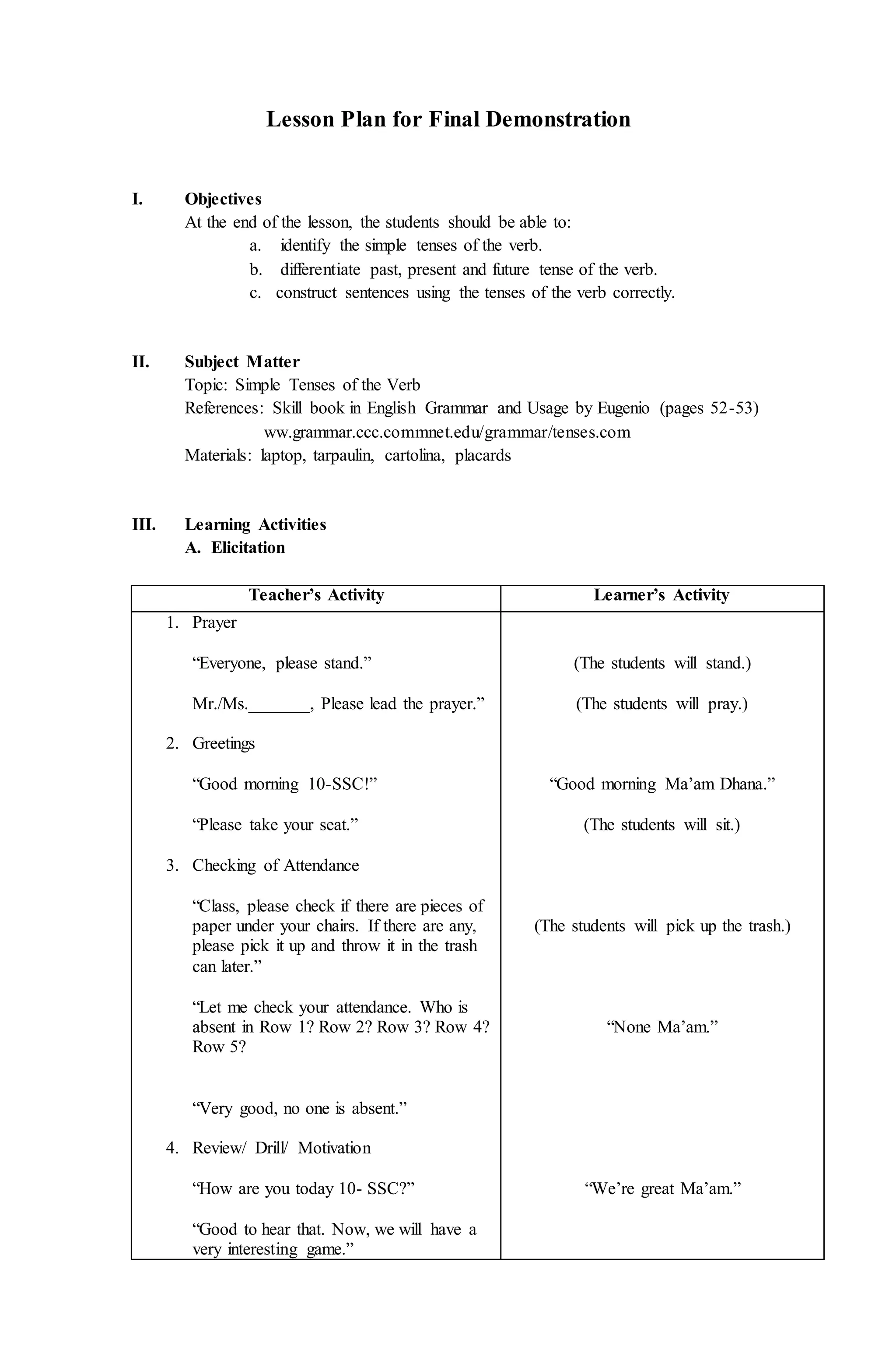 Grade 10 Lesson Plan: Simple Tenses of the Verb | DOCX | Awards Shows ...