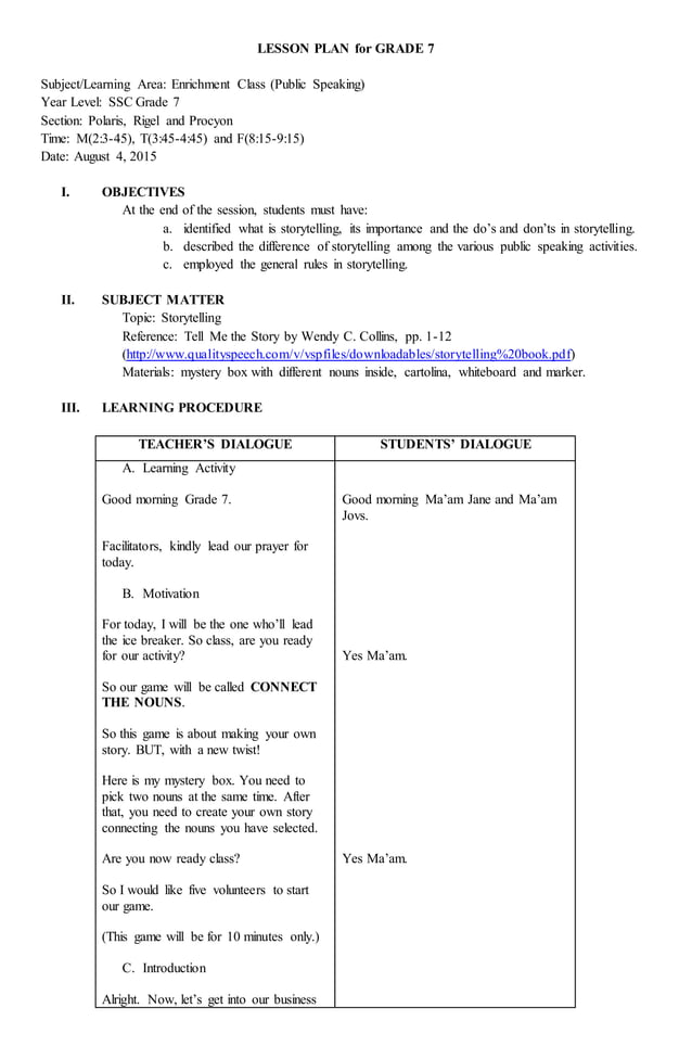 STORYTELLING Lesson Plan PDF STORYTELLING Lesson Plan PDF