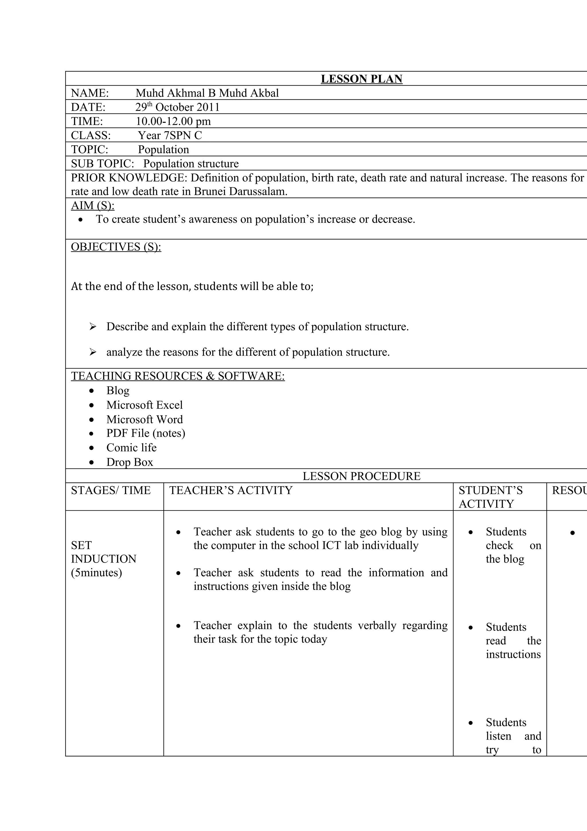 Lesson plan for it (population structure) | DOC