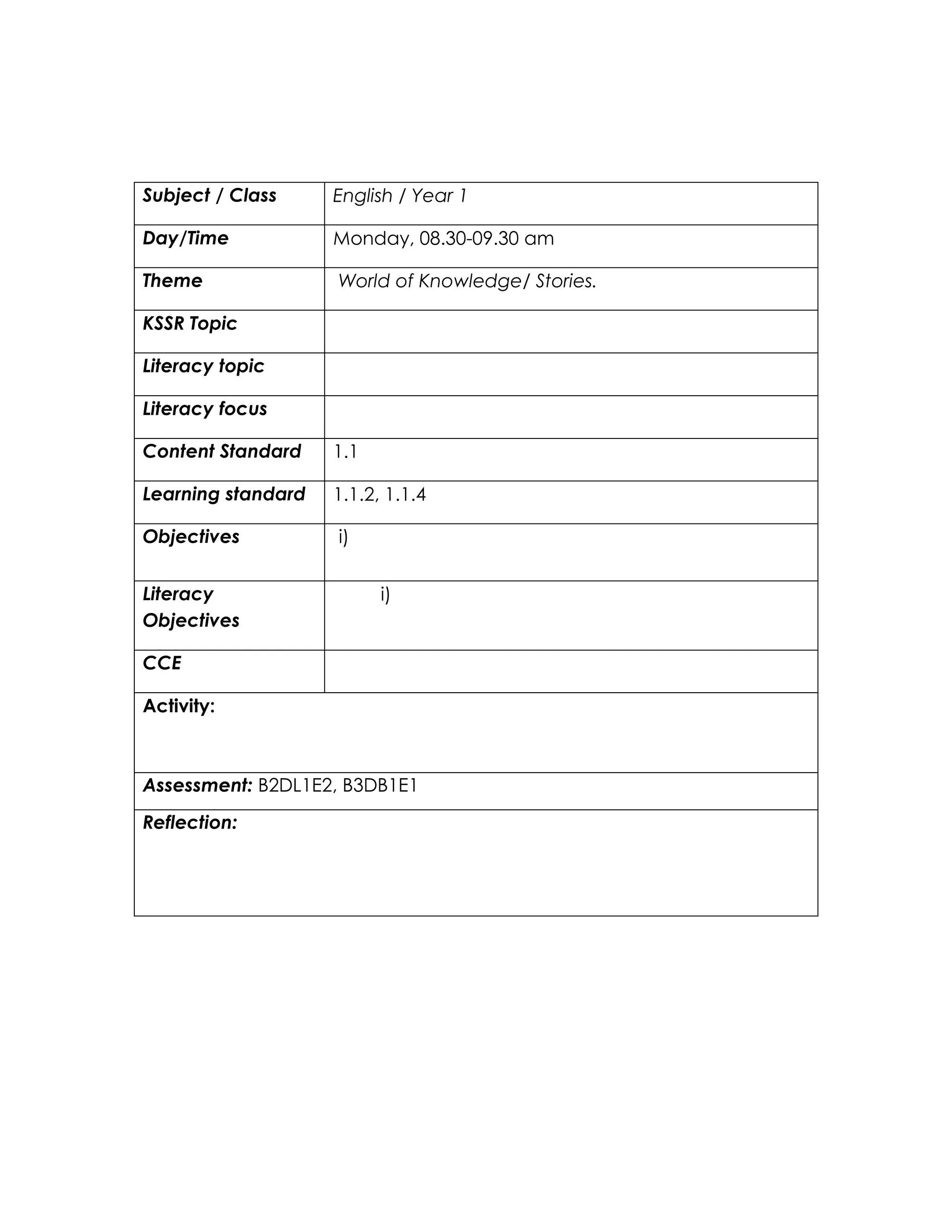 Lesson plan for kssr&linus bi yr 1 | DOCX