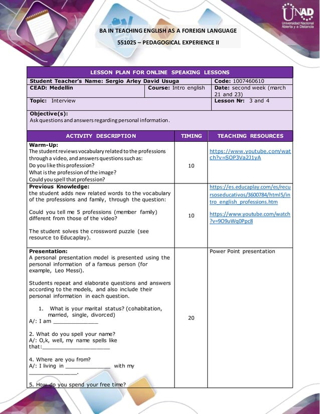 Lesson plan format second week | PDF