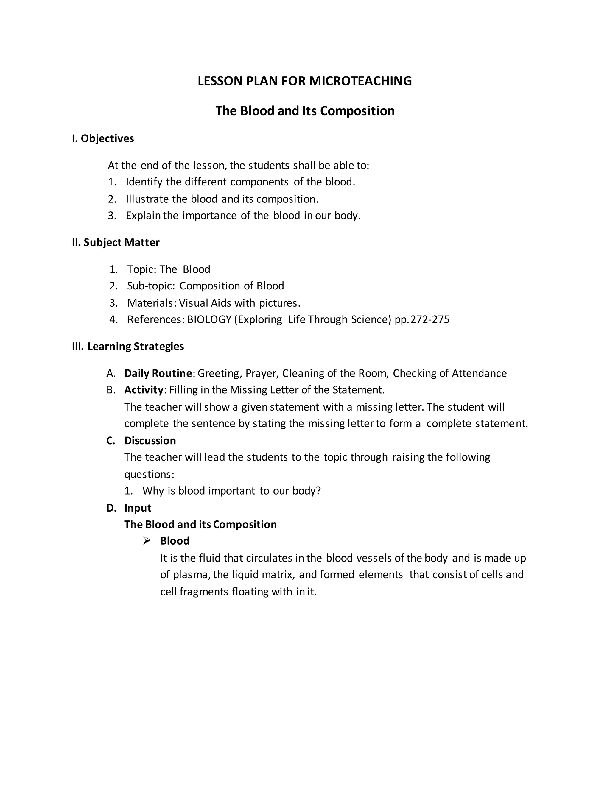 Lesson plan for microteaching ( revised jove abletes) | DOCX | Blood ...