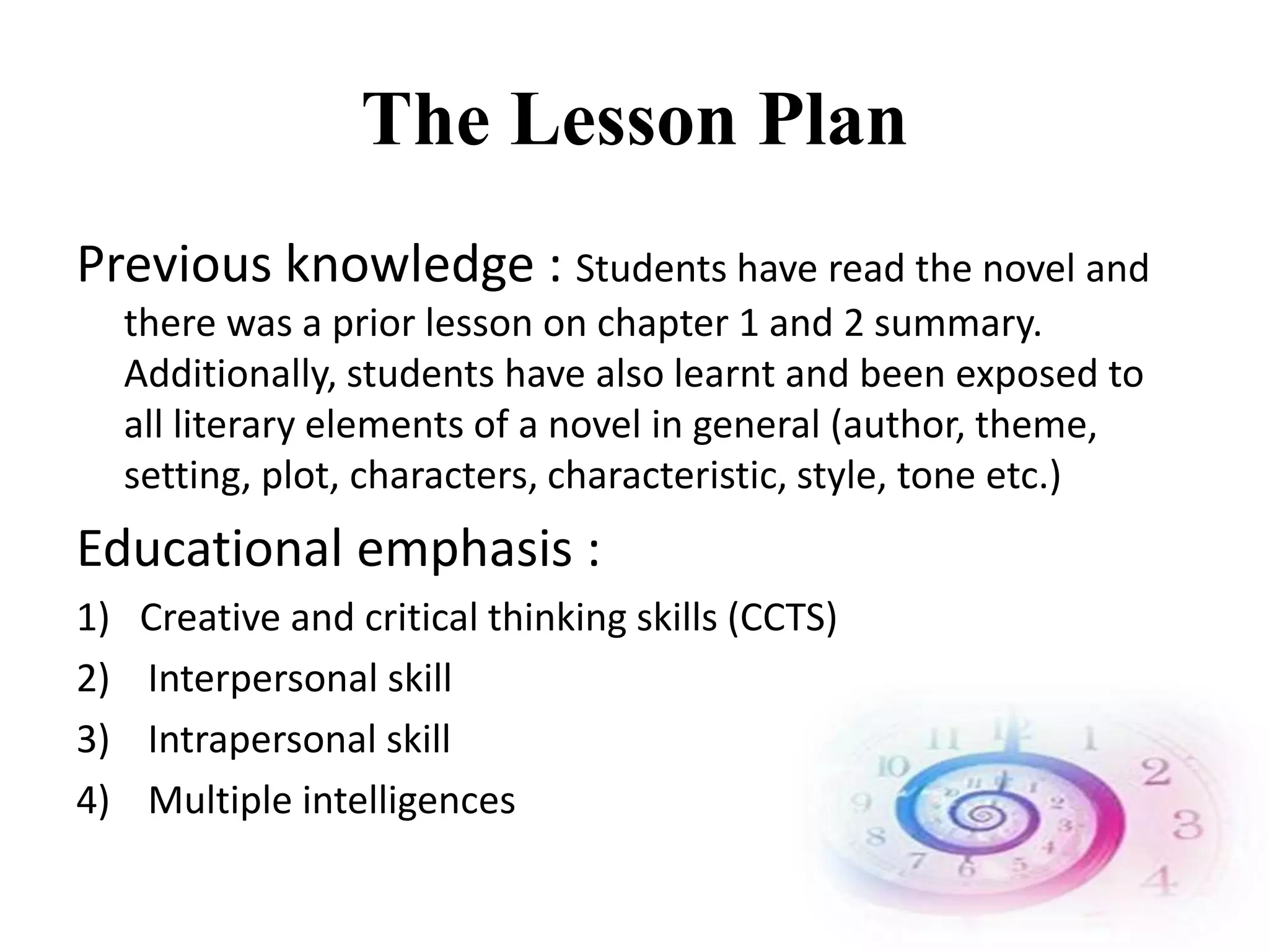 Lesson plan for teaching literature component for tertiary | PPTX