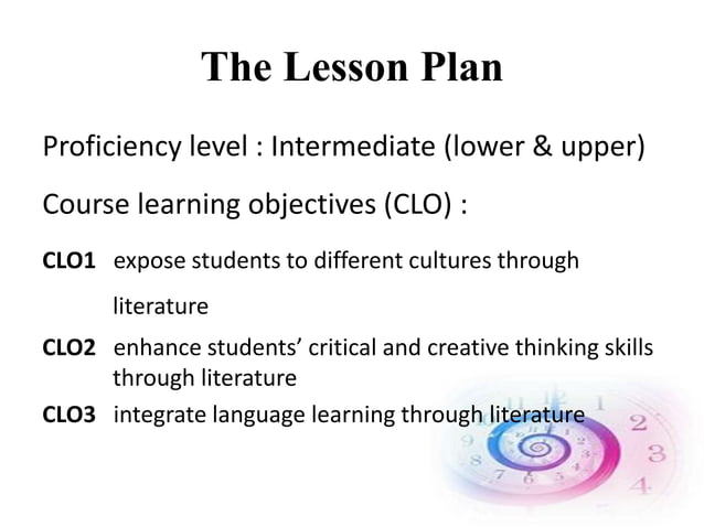 Lesson plan for teaching literature component for tertiary | PPT