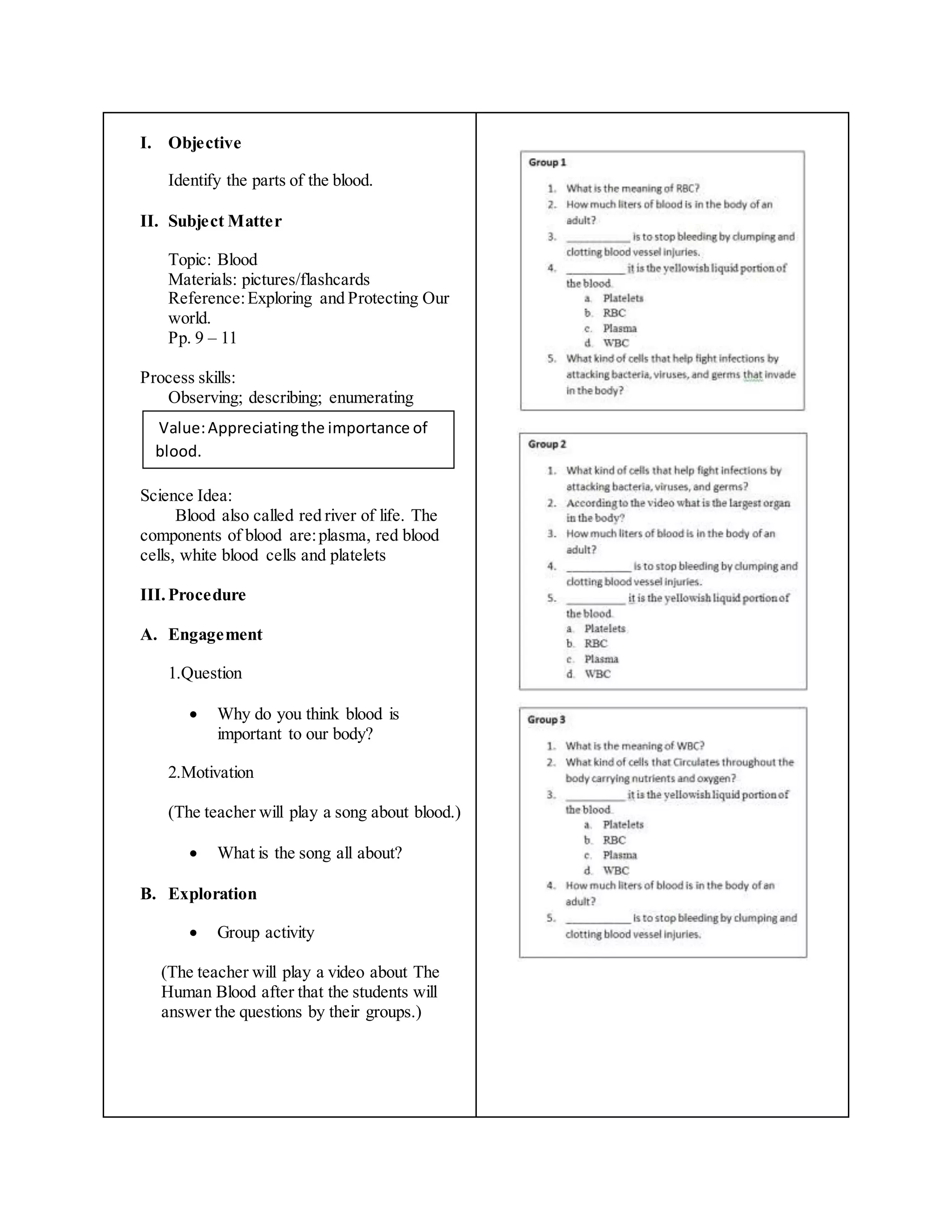 Semi Lesson plan for Grade 6 Topic: The Human Blood | DOCX
