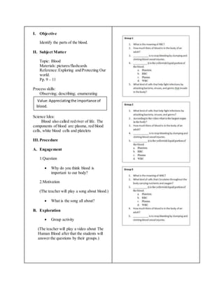 Semi Lesson plan for Grade 6 Topic: The Human Blood | DOCX