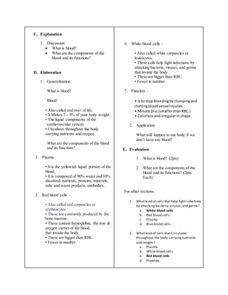 Semi Lesson plan for Grade 6 Topic: The Human Blood | DOCX