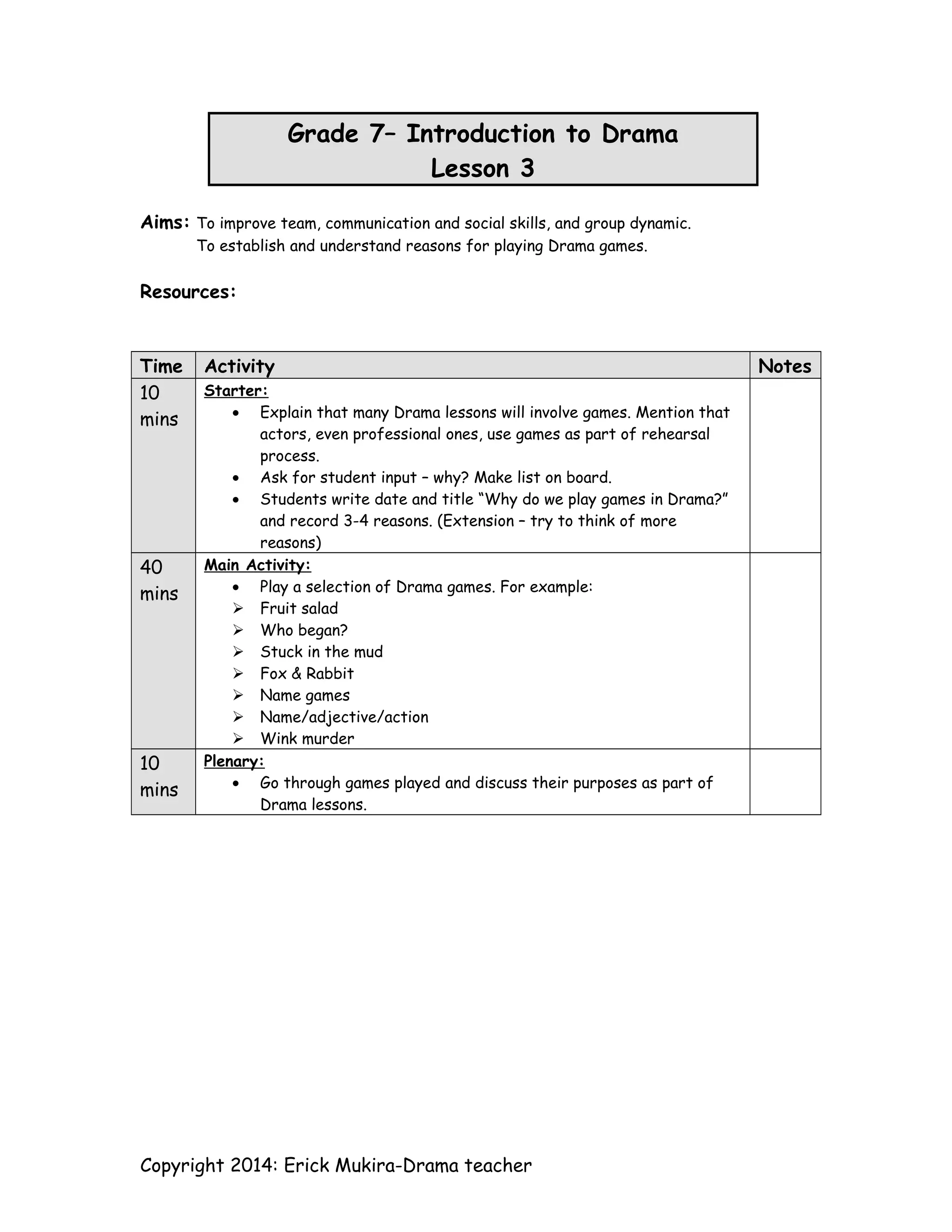 Lesson plan for year 7 | DOC