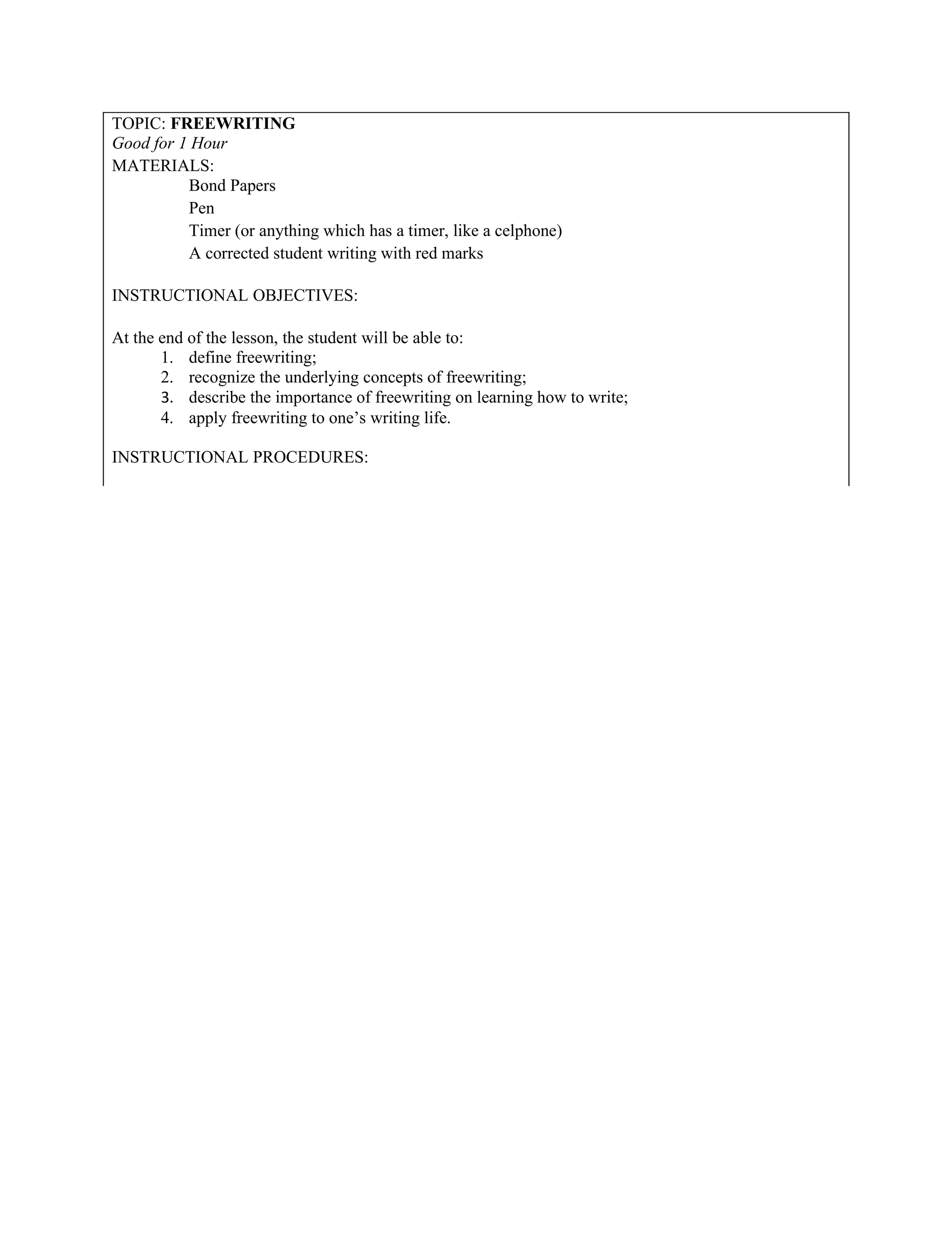 Lesson plan freewriting | PDF