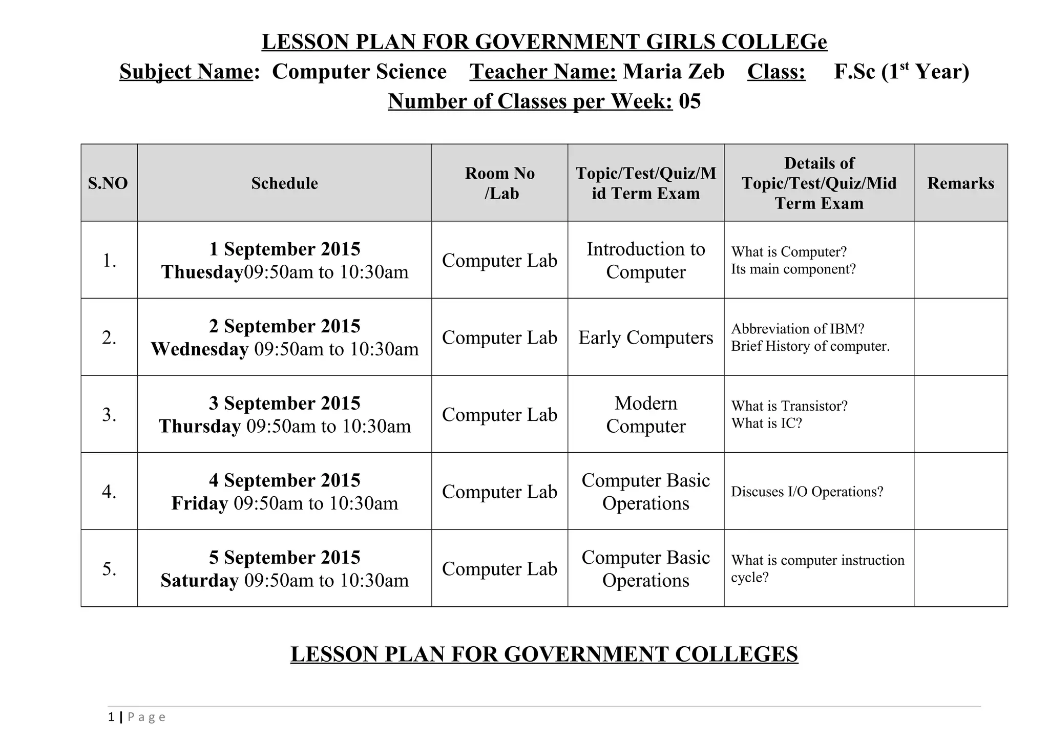 Lesson plan frst year computer | PPT