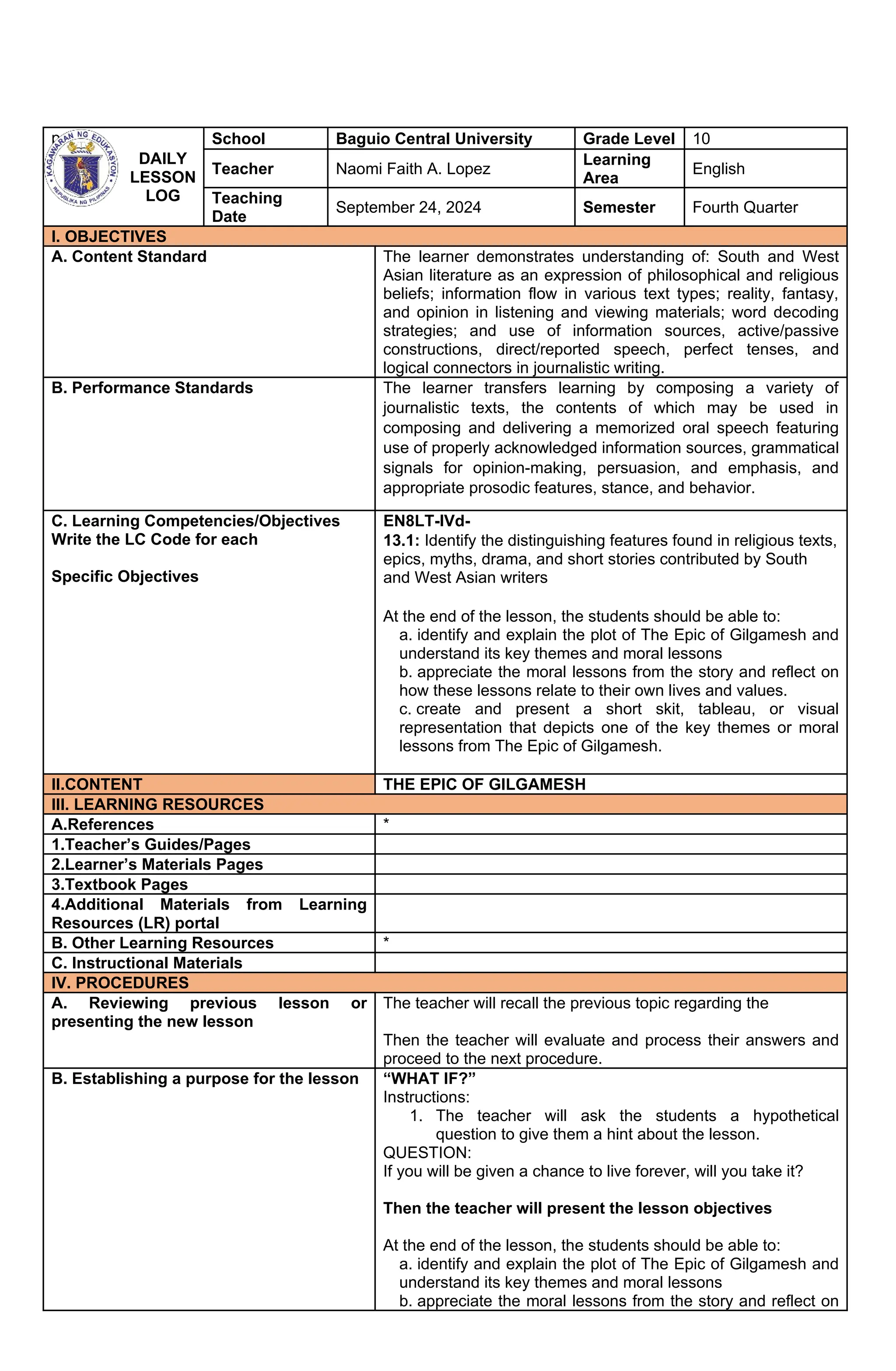 LESSON PLAN GILGAMESH .............................. | DOCX