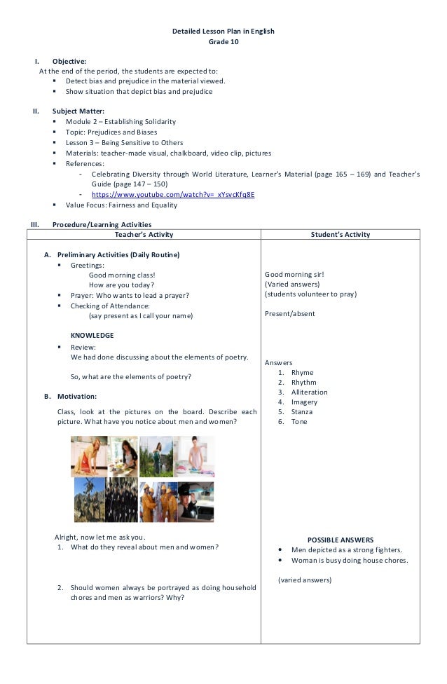 Example Of Detailed Lesson Plan In English