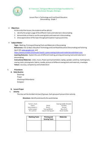 Semi-detailed Lesson Plan in Grade 7 Dressmaking Tools and Materials | DOCX