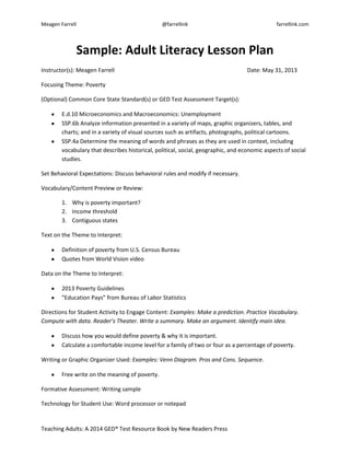 2014 GED Test Lesson Plan Template & Sample: Education Pays | DOCX