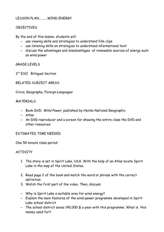 Lesson plan wind energy. Subject: History. Spainsh team. | PDF
