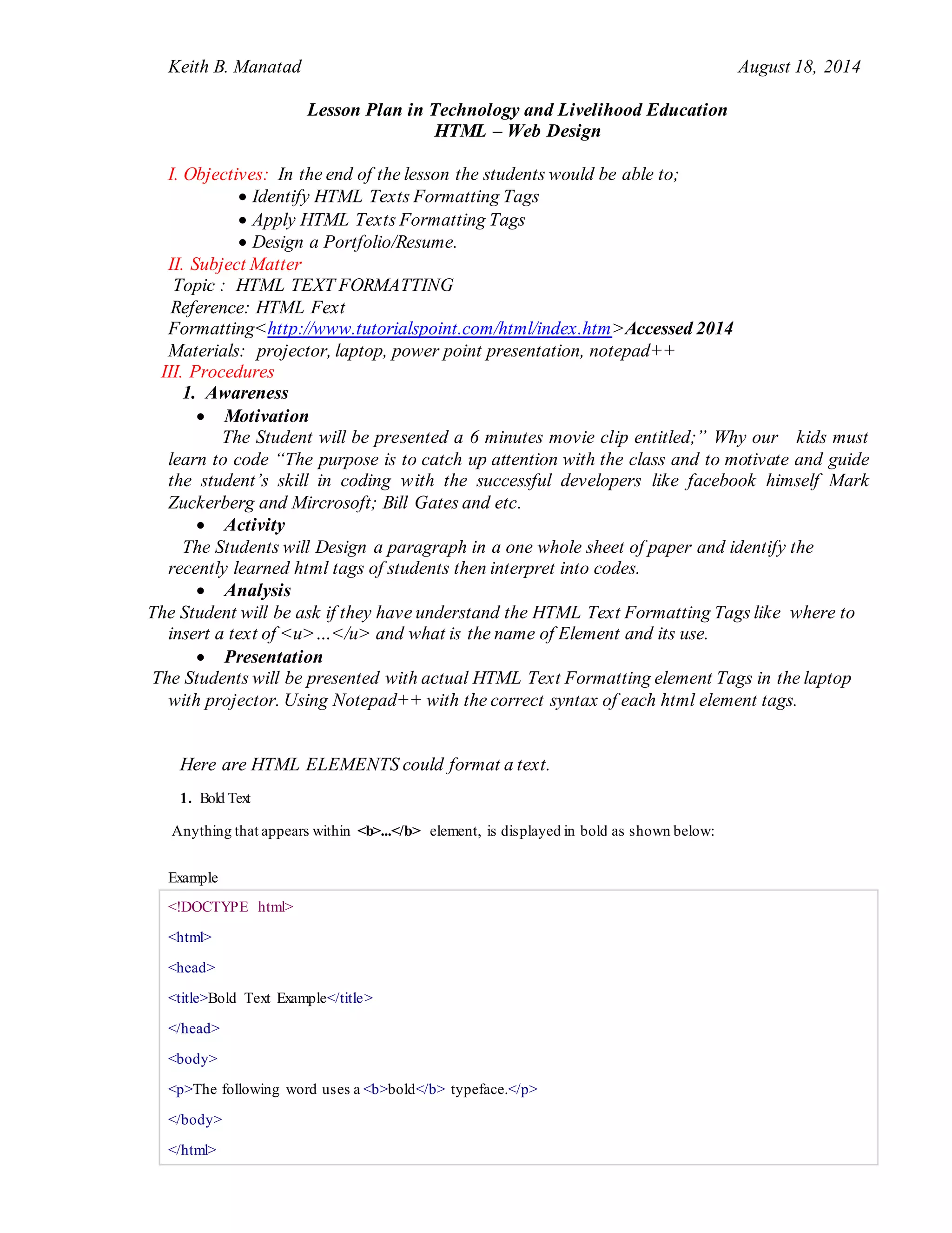 Lesson plan htmltextformattingtag | DOCX