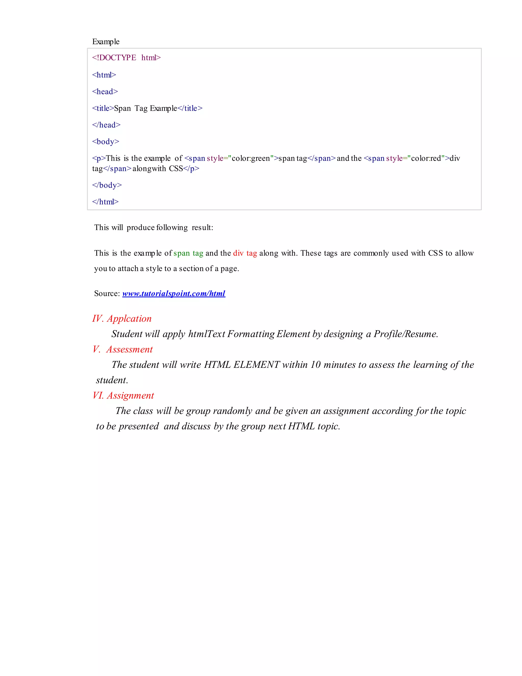 Lesson plan htmltextformattingtag | DOCX