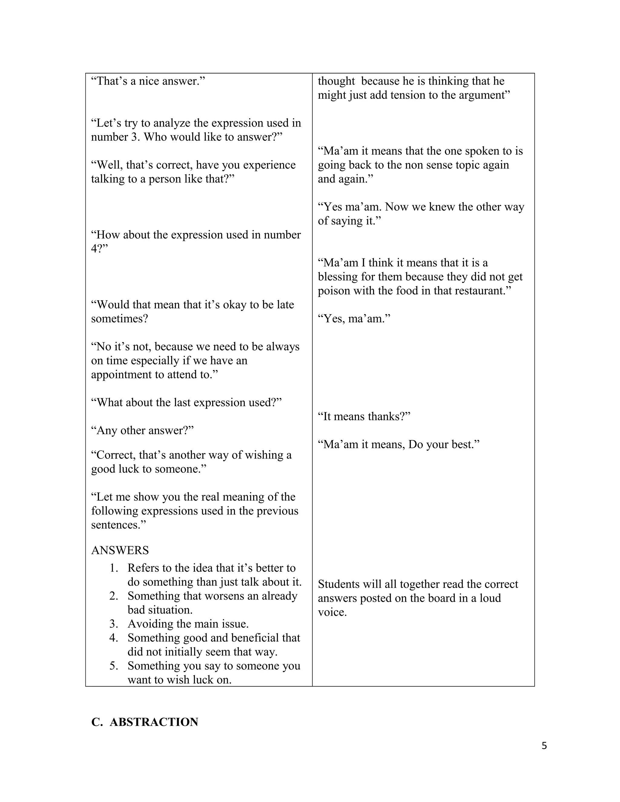 Lesson plan idiomatic expression by Rosalie Capillo | DOC