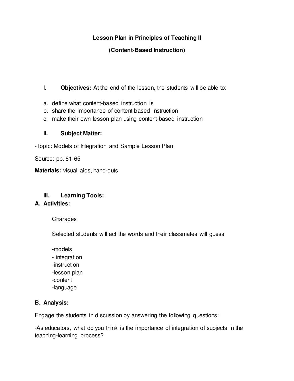 Lesson Plan in Content-Based Instruction