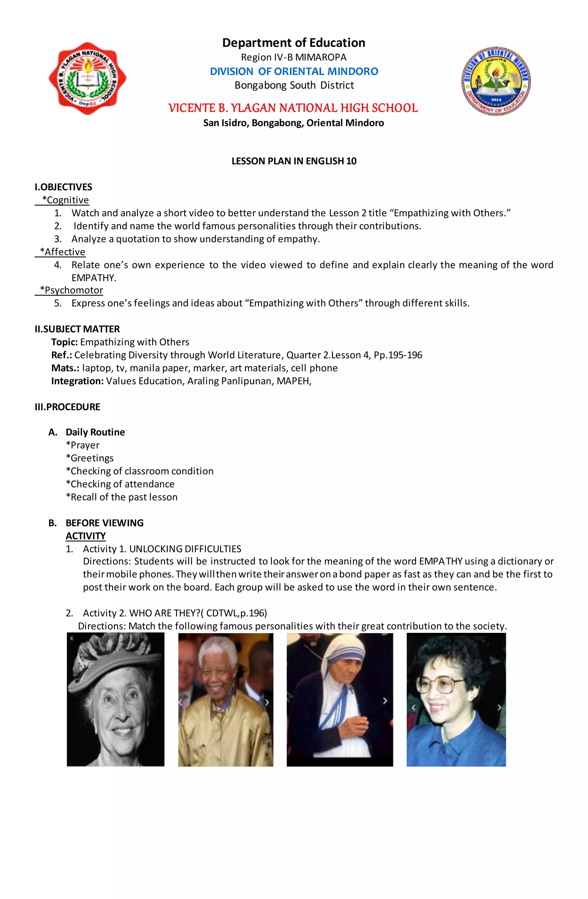 Lesson plan in english 10 (quarter2.lesson4.empathizing with others) | DOCX