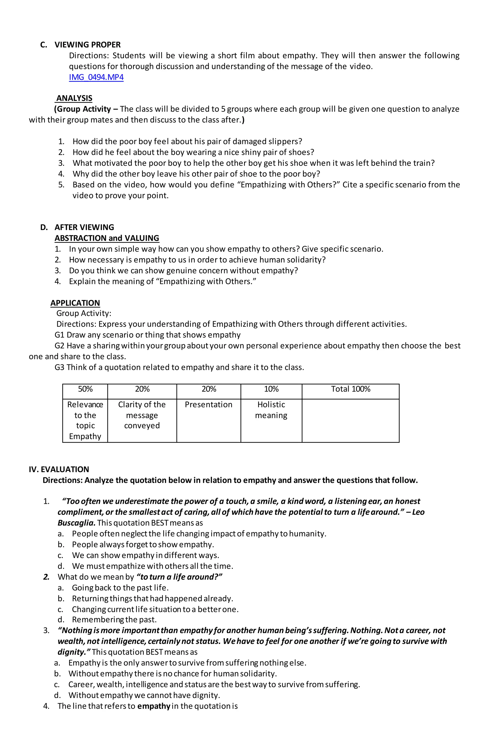 Lesson plan in english 10 (quarter2.lesson4.empathizing with others) | DOCX