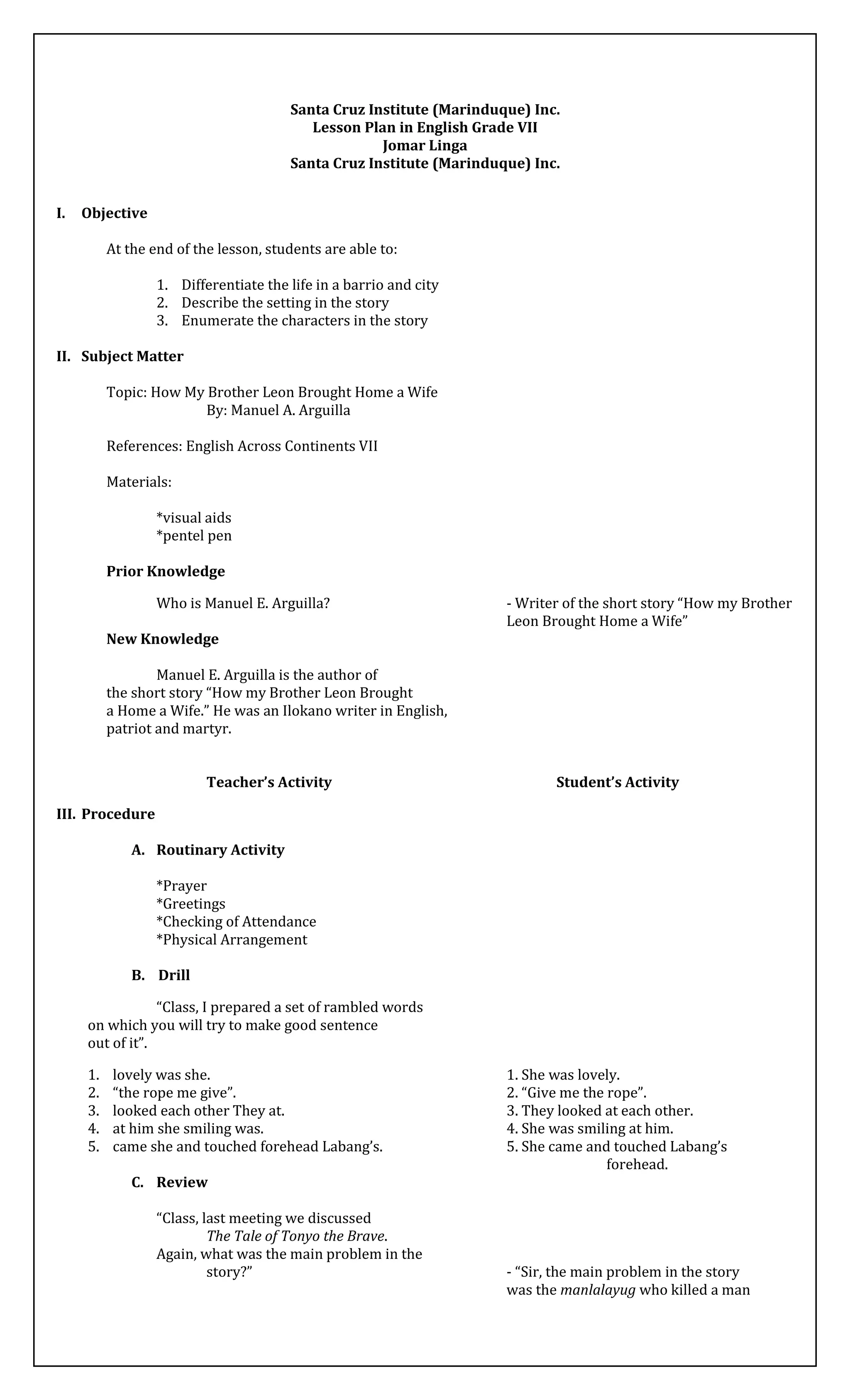 Lesson Plan in English Grade vii (How My Brother Leon Brought Home a ...