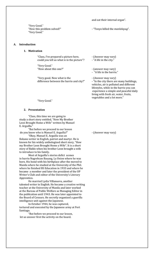 Lesson Plan in English Grade vii (How My Brother Leon Brought Home a ...
