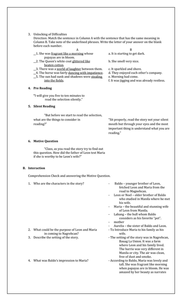 Lesson Plan in English Grade vii (How My Brother Leon Brought Home a ...