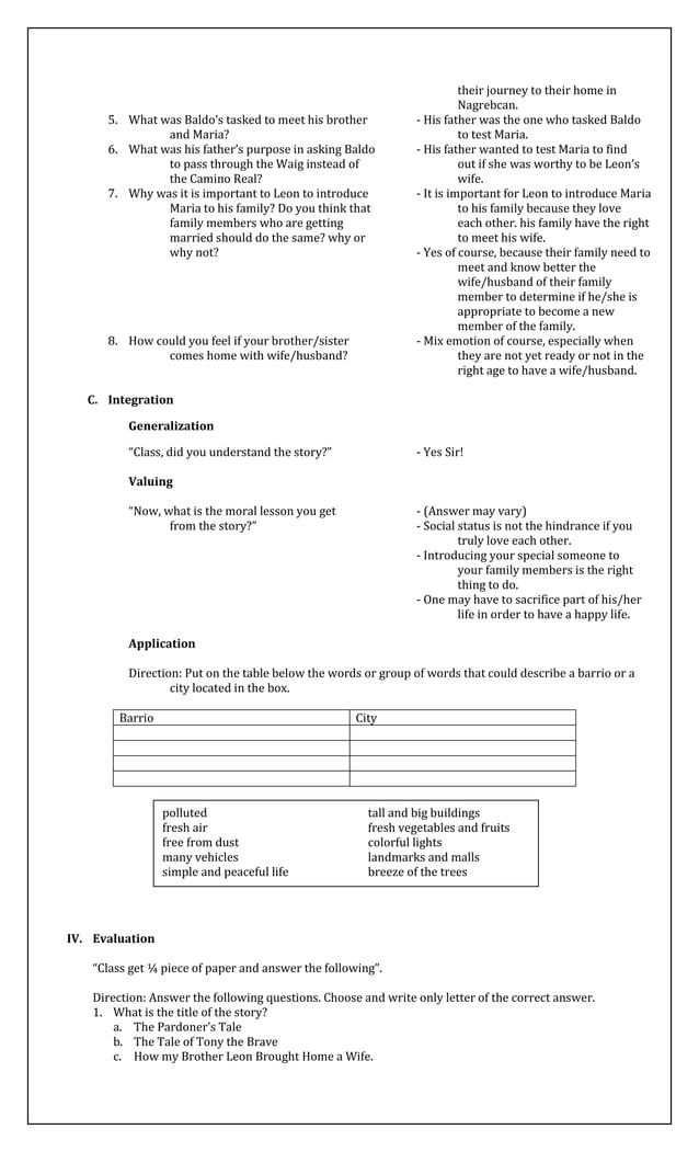 Lesson Plan in English Grade vii (How My Brother Leon Brought Home a ...
