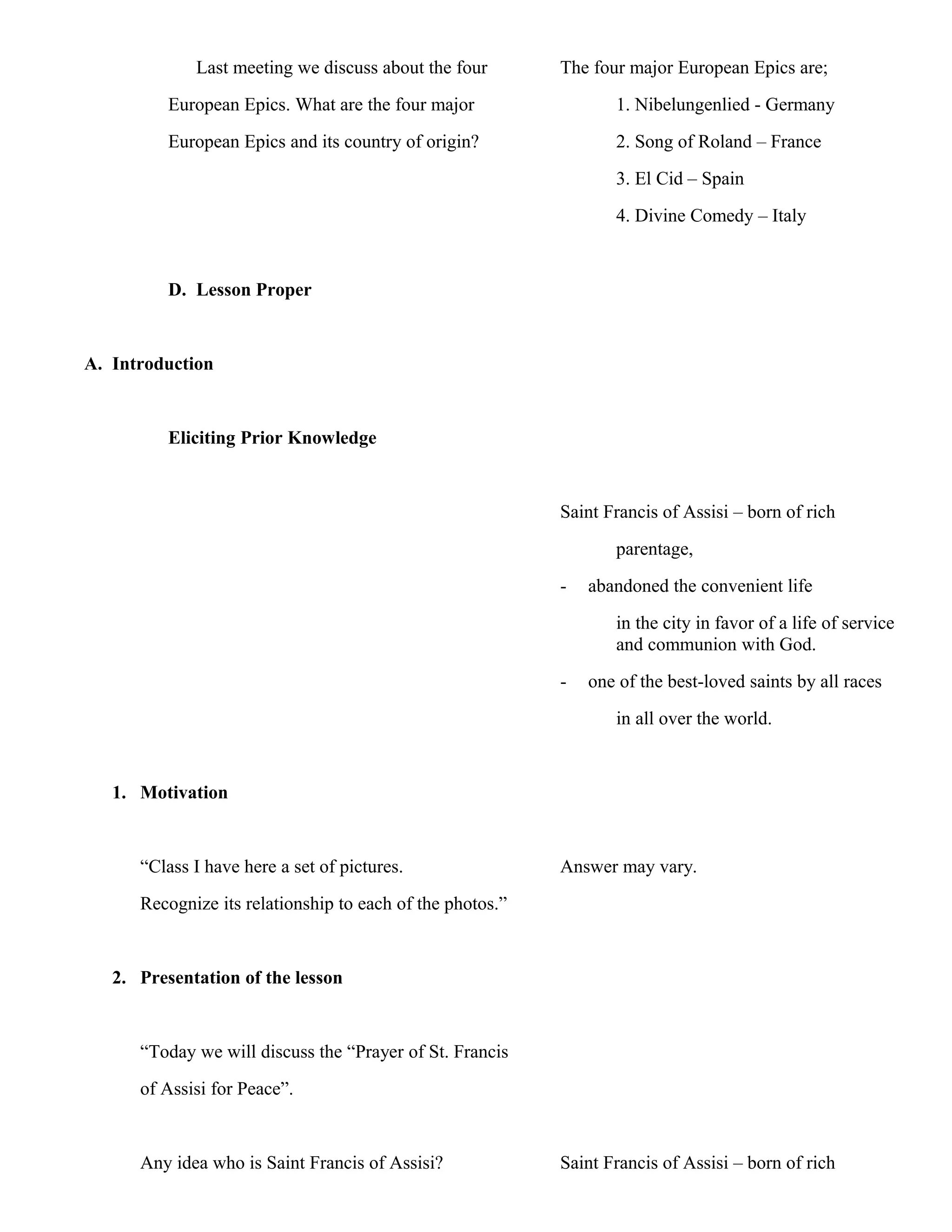 Lesson Plan in English Fourth Year (Prayer of St. Francis of Assisi) | PDF