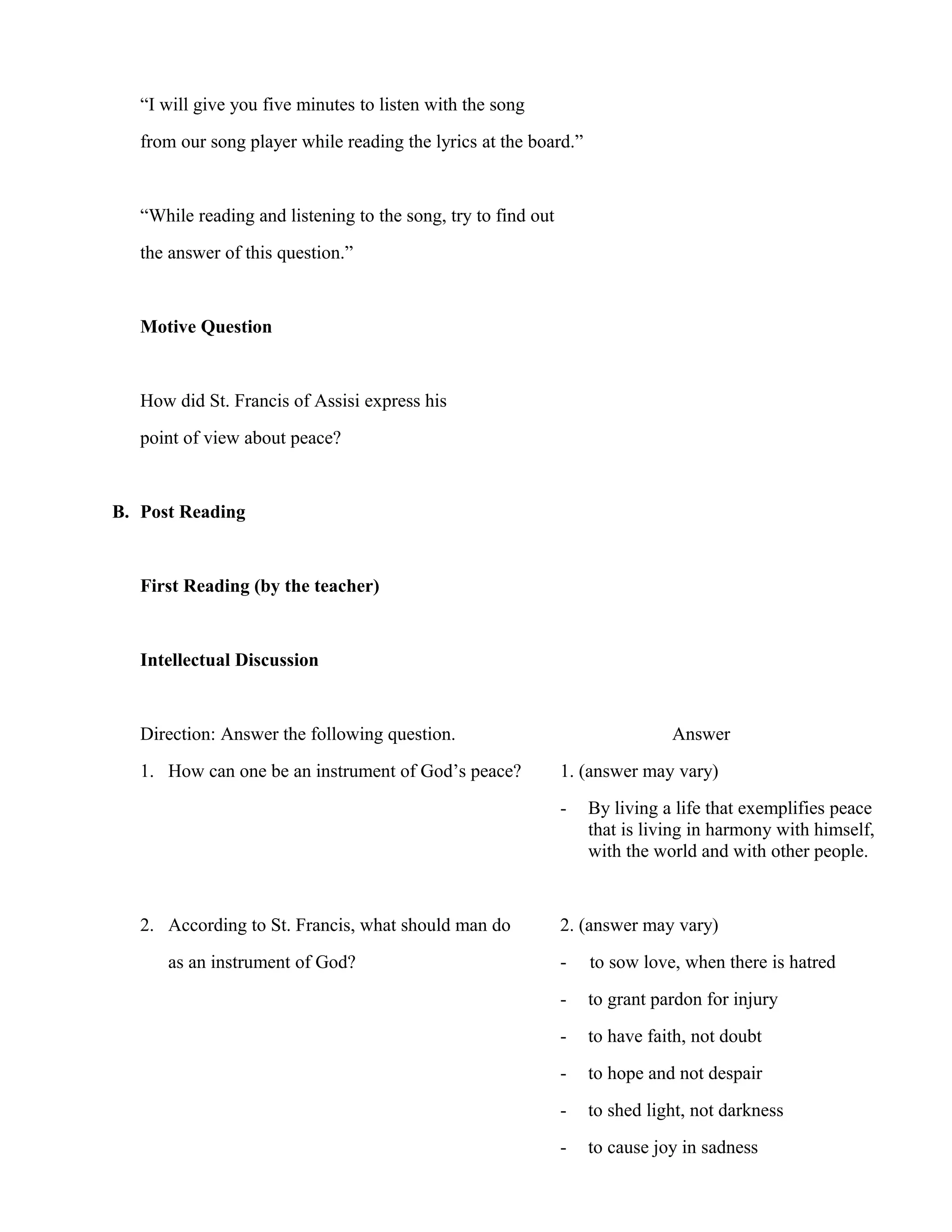 Lesson Plan in English Fourth Year (Prayer of St. Francis of Assisi) | DOC