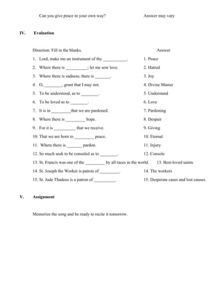 Lesson Plan in English Fourth Year (Prayer of St. Francis of Assisi) | DOC