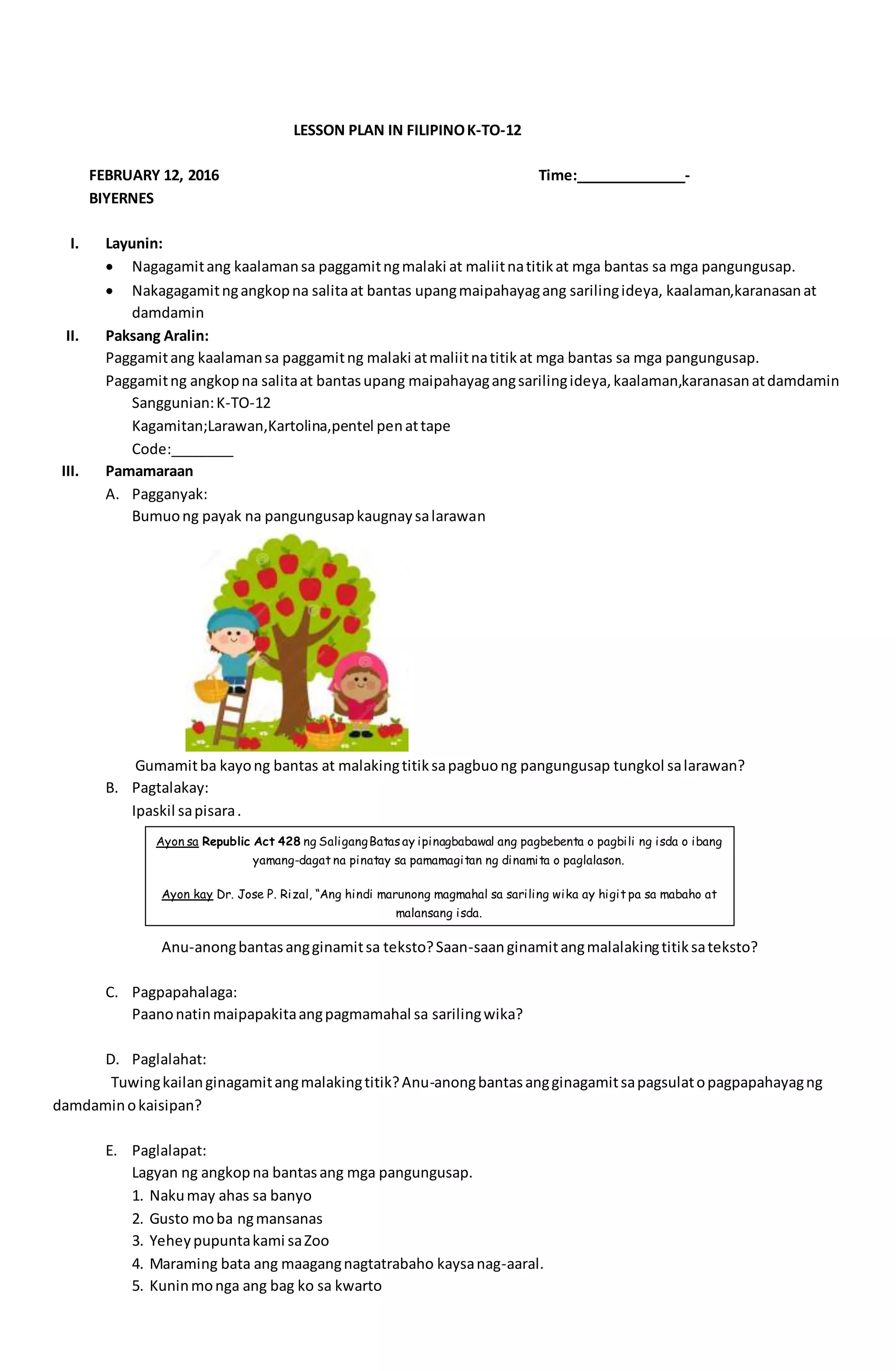 Lesson plan in filipino k12 | DOCX
