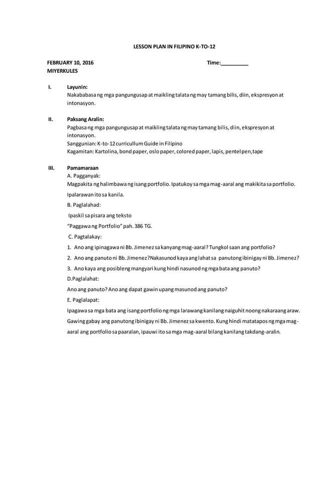 Lesson plan in filipino k12 | DOCX