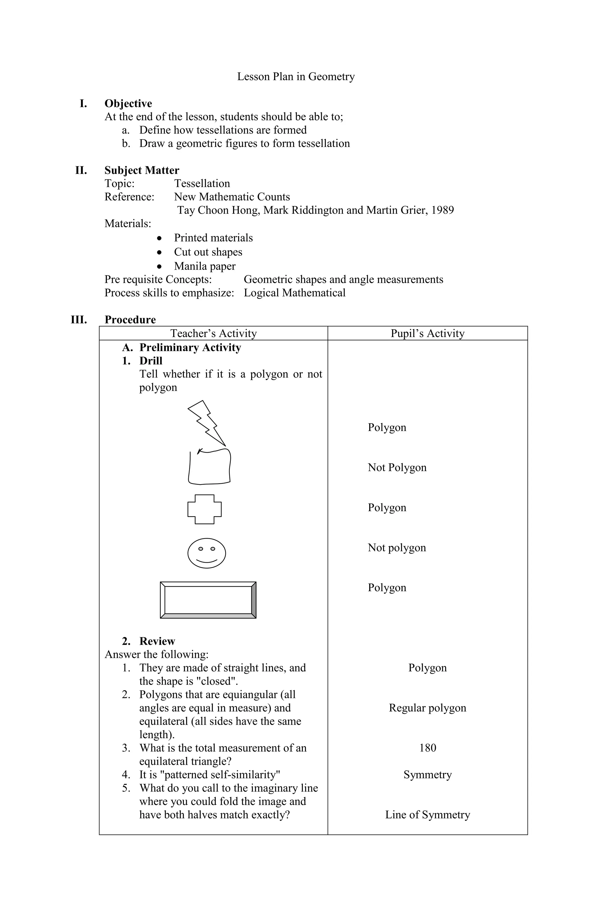 Lesson plan in elementary geometry | DOCX