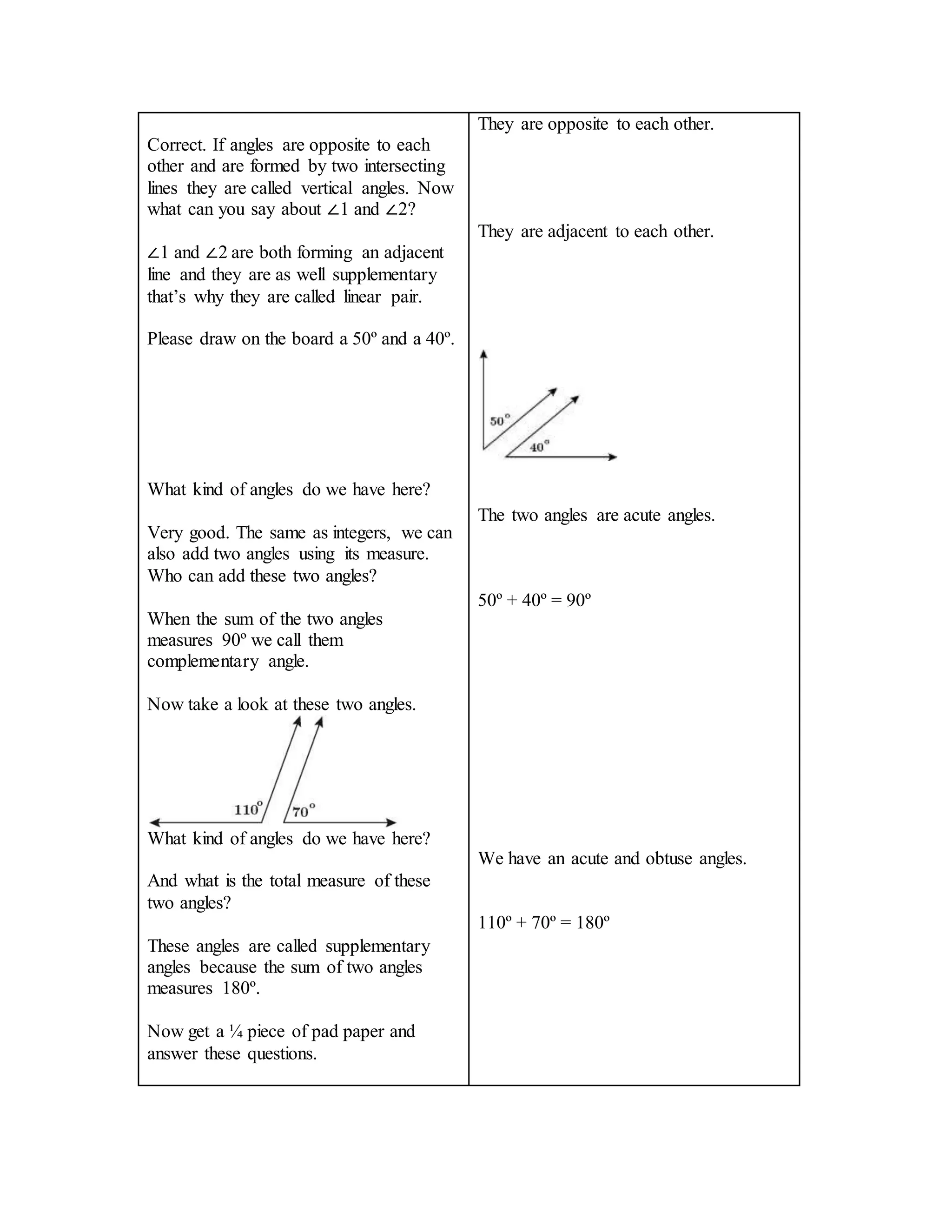 Lesson plan in geometry (relationships of angles) | DOCX