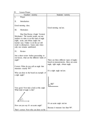 Lesson plan in geometry (relationships of angles) | DOCX