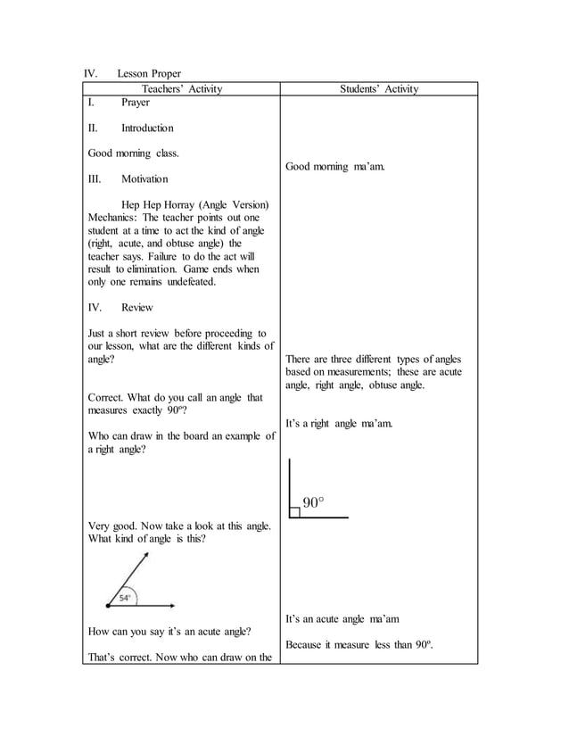 Lesson plan in geometry (relationships of angles) | DOCX