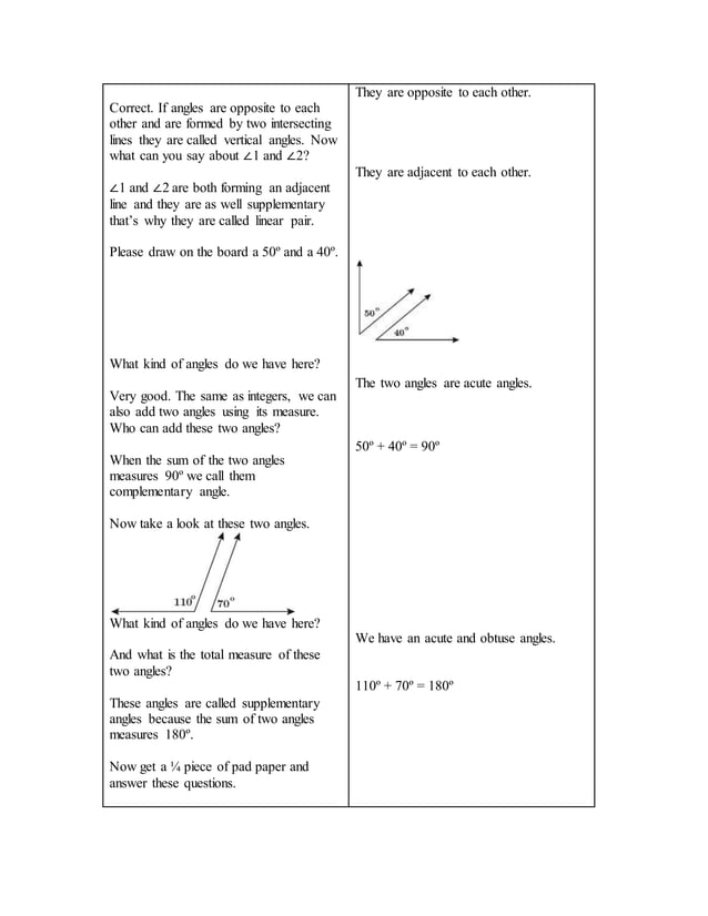 Lesson plan in geometry (relationships of angles) | DOCX