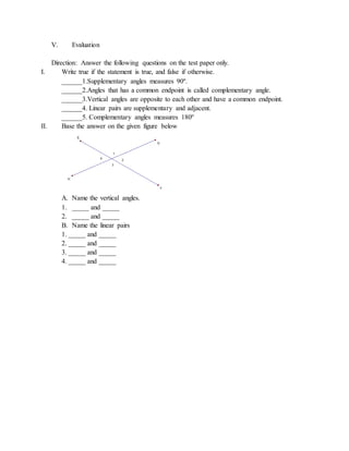 Lesson plan in geometry (relationships of angles) | DOCX