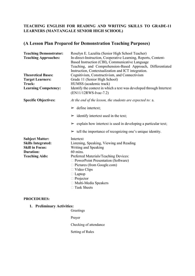 Lesson plan in intertext | PDF | Education