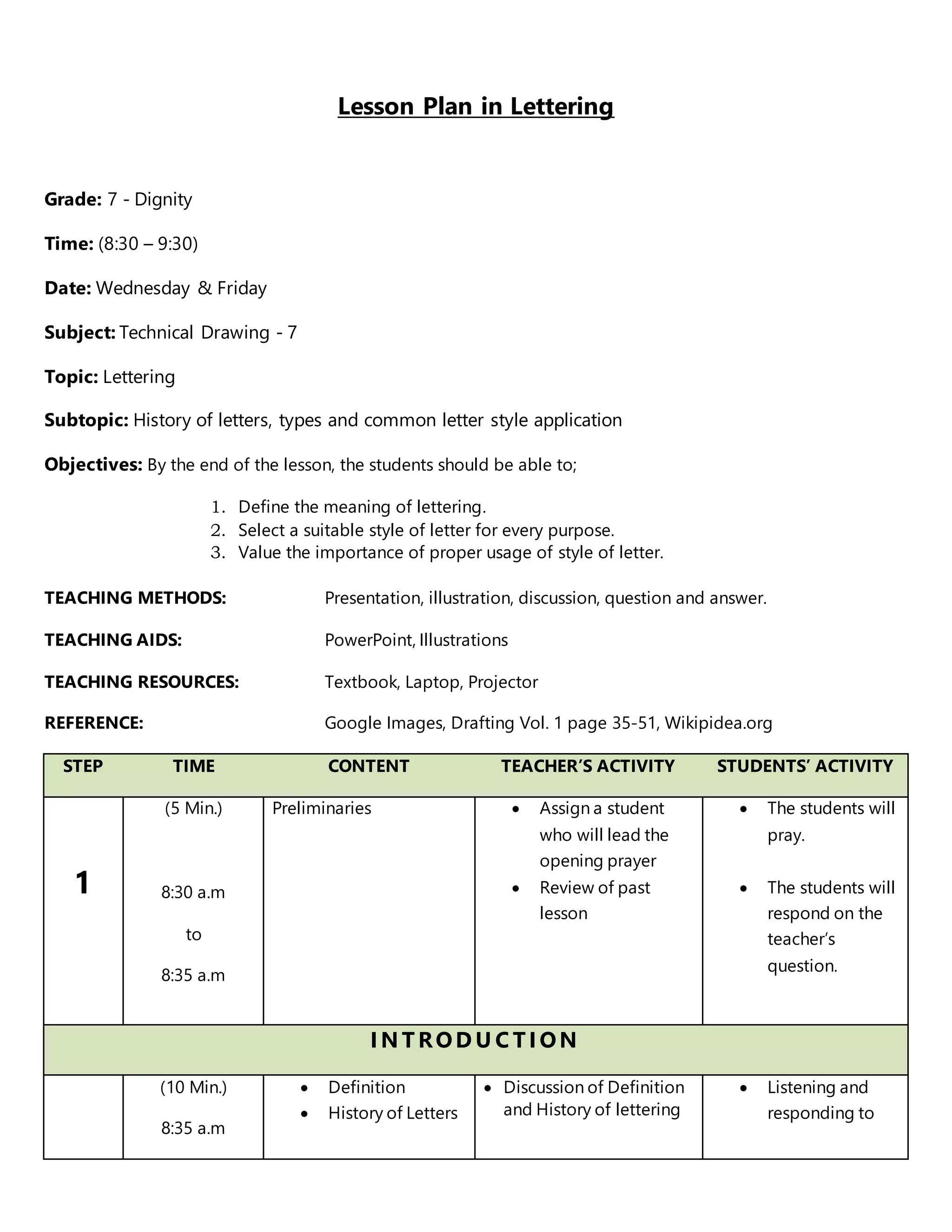 Lesson Plan in lettering | DOCX