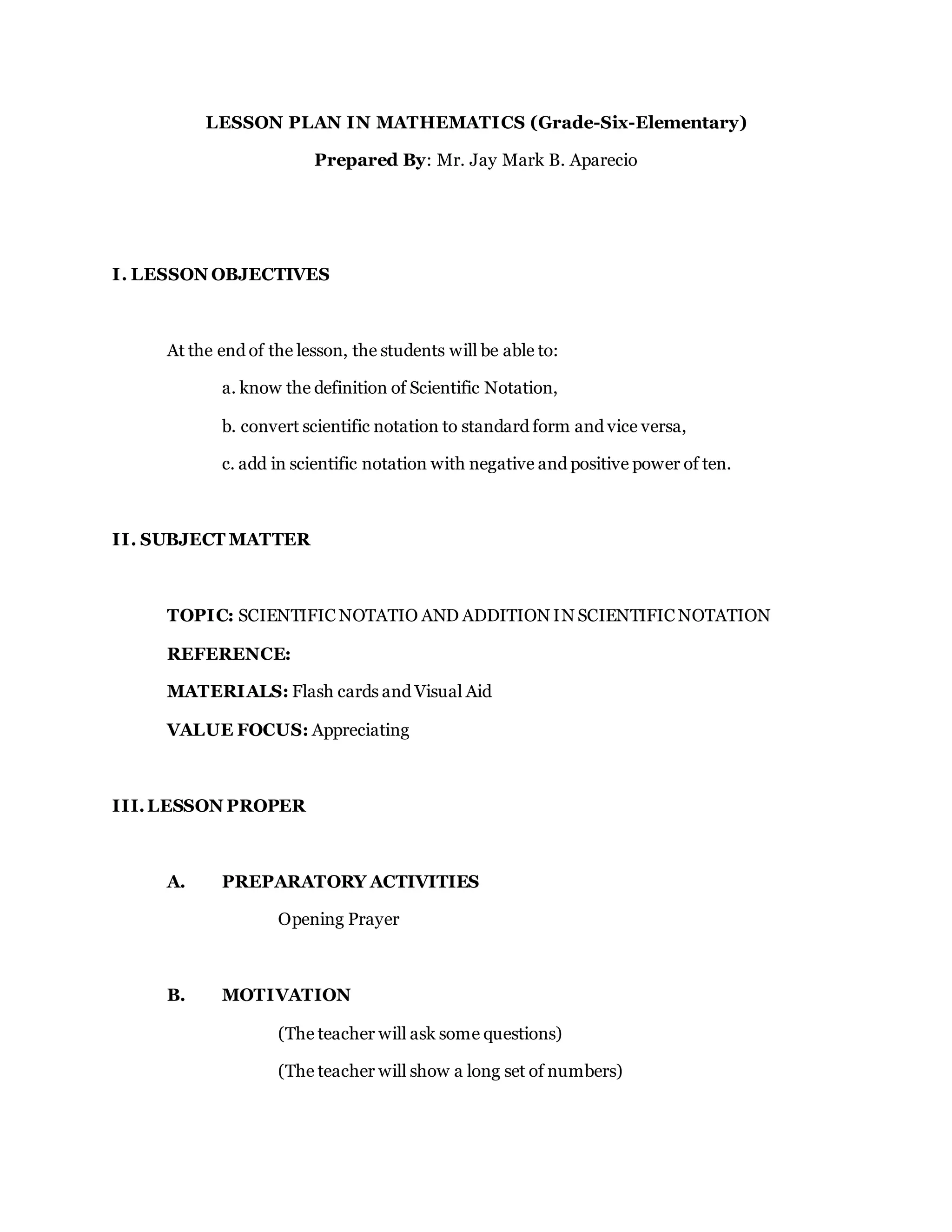 Lesson plan in math (scientific notation) | DOCX