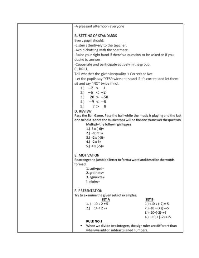 Lesson Plan in Math 6 for Demo-Teaching [Division of Integers] | DOCX ...