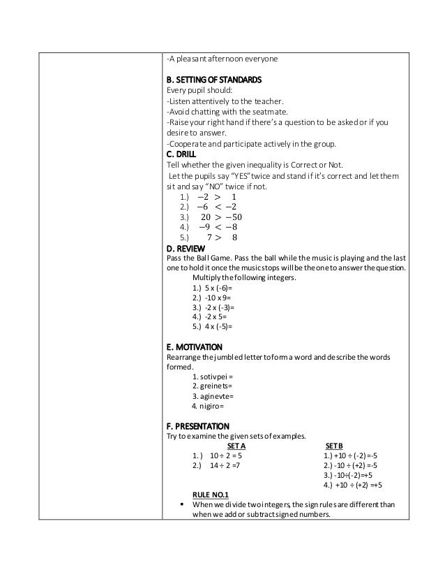 Lesson Plan in Math 6 for Demo-Teaching [Division of Integers]