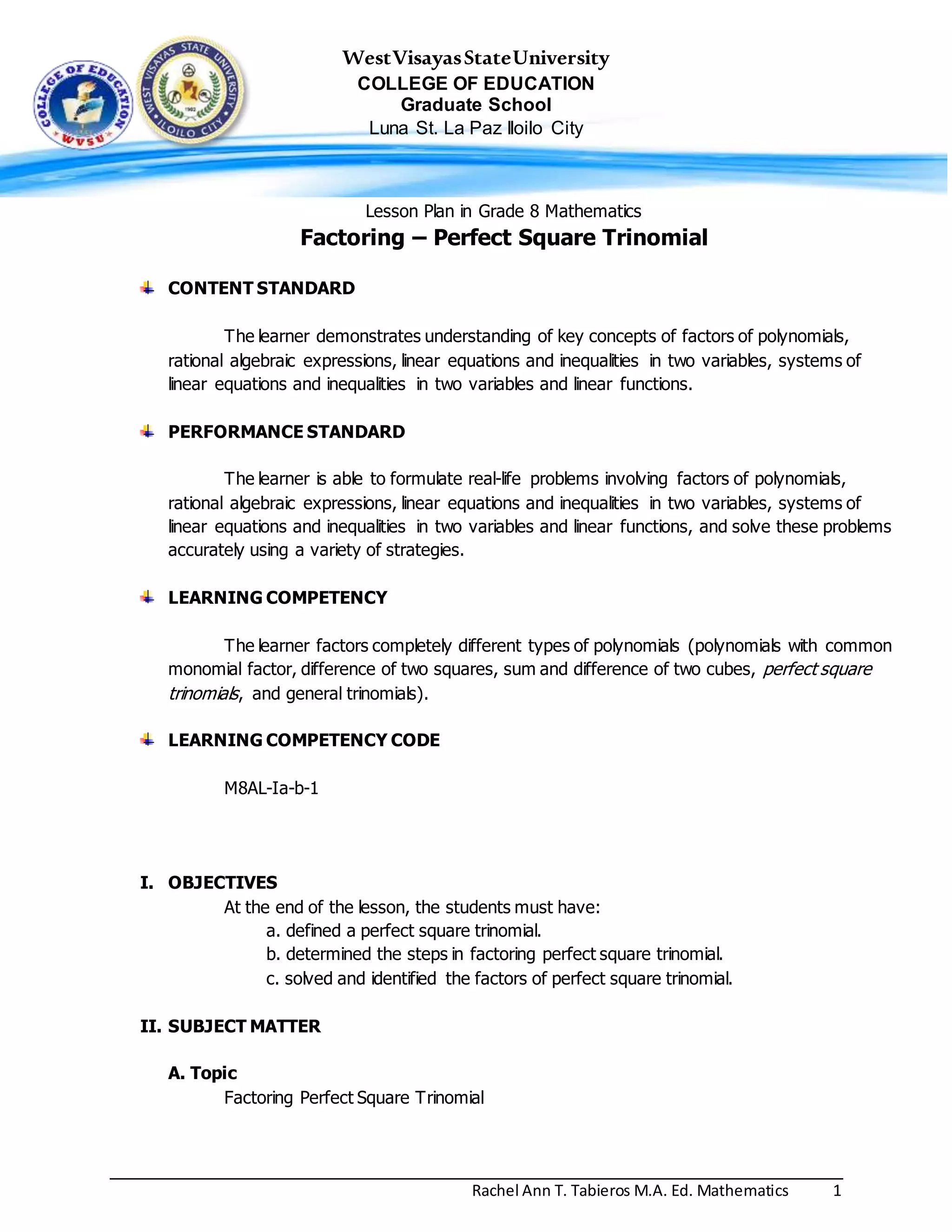 Lesson plan in mathematics 8 (Factoring Perfect Square Trinomial) | DOCX
