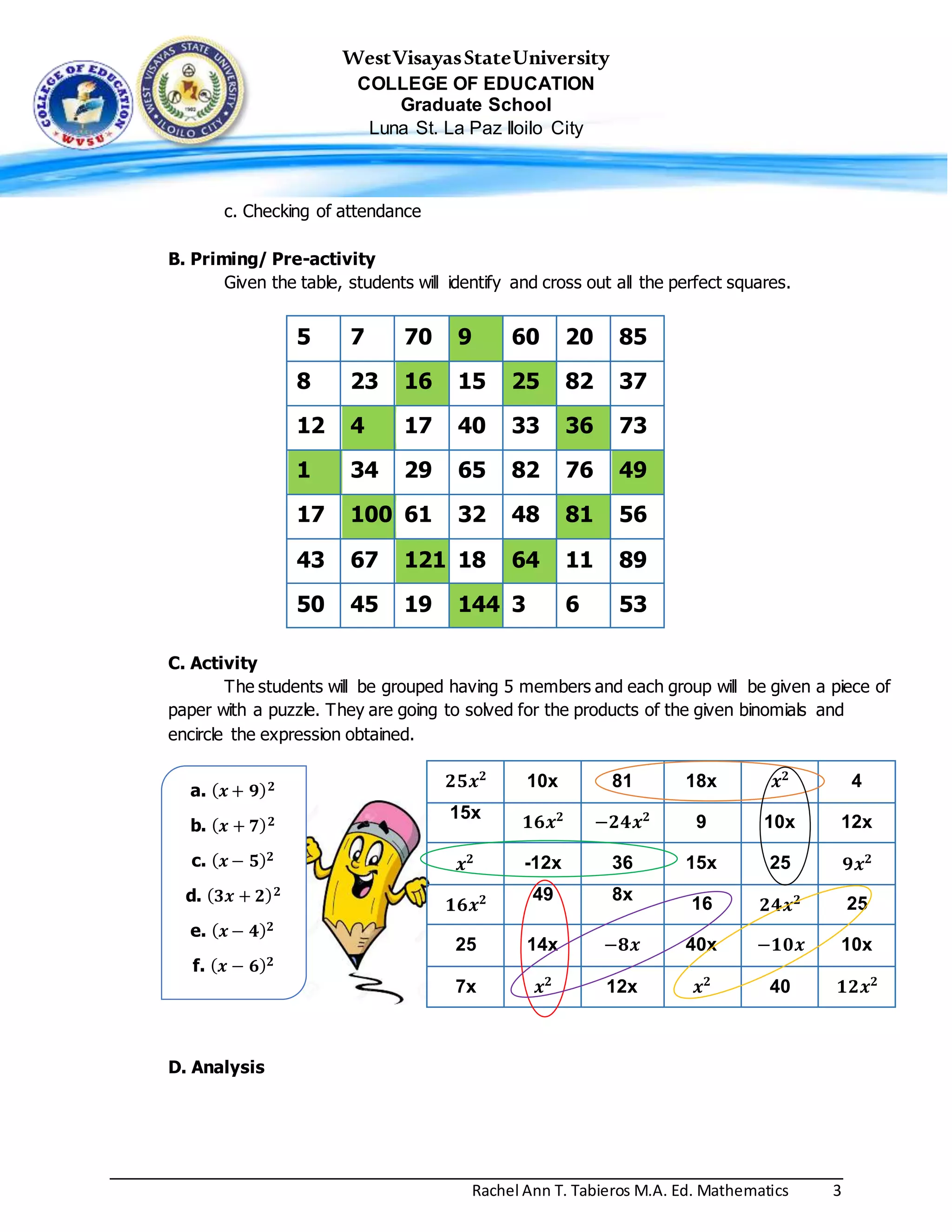 Lesson plan in mathematics 8 (Factoring Perfect Square Trinomial) | DOCX