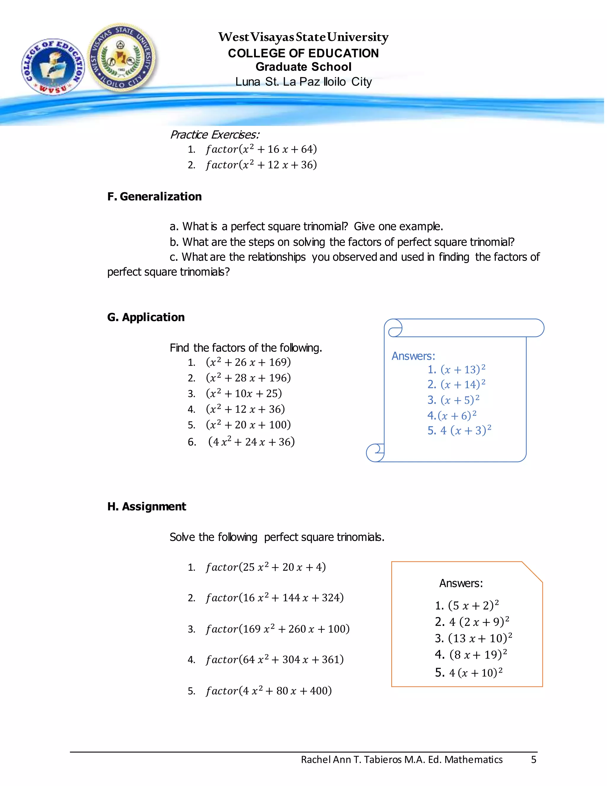 Lesson plan in mathematics 8 (Factoring Perfect Square Trinomial) | DOCX