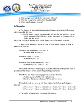 Lesson plan in mathematics 8 (Factoring Perfect Square Trinomial) | DOCX